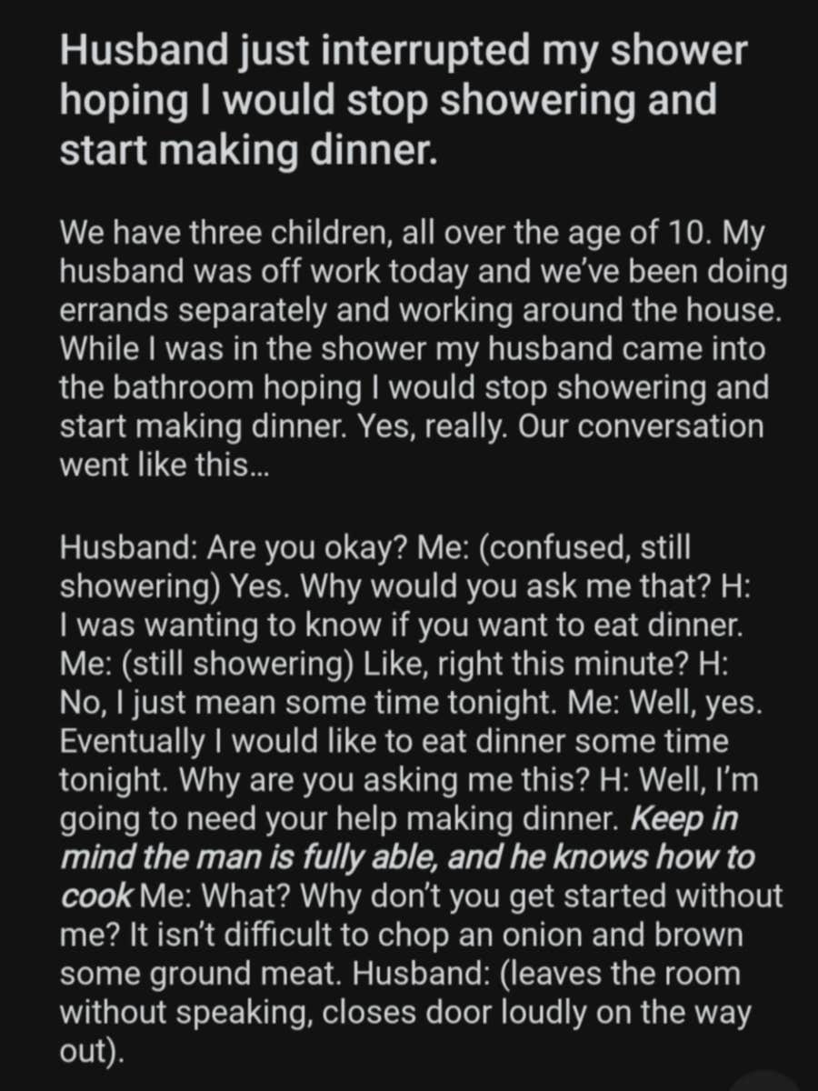 Husband Interrupts Wifes Shower To Ask Her To Make Dinner Yourtango